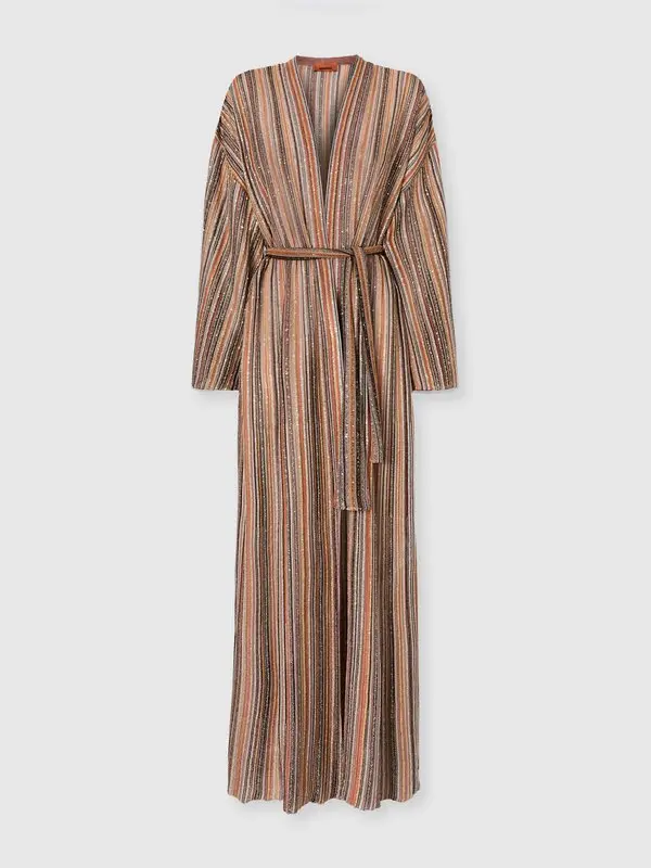 Missoni Ribbed Viscose Lamé Long Cardigan With Belt - Gold& Beige