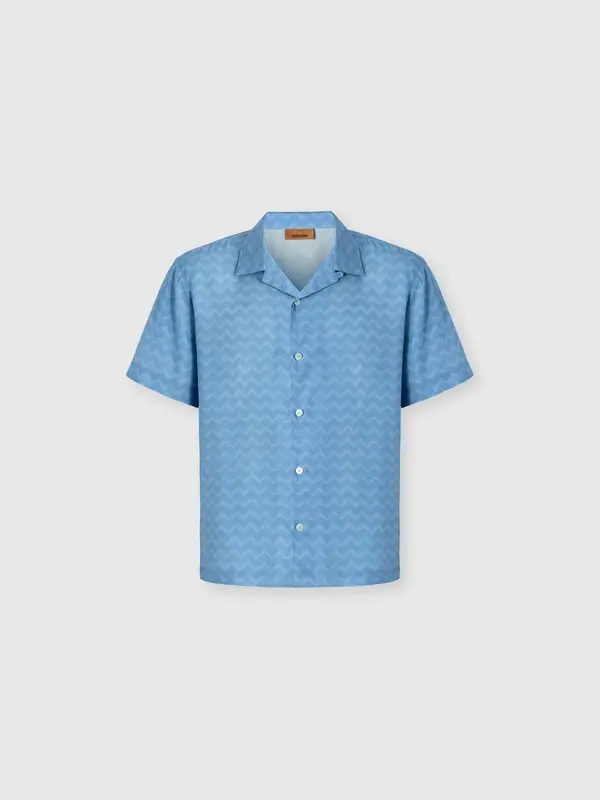 Missoni Bowling Shirt In Viscose With Tone-on-tone Zigzag Print - Light Blue