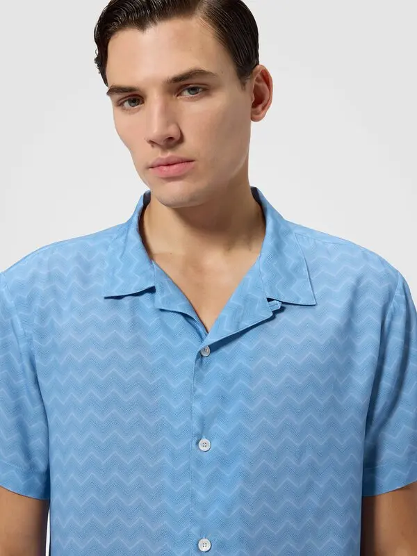 Missoni Bowling Shirt In Viscose With Tone-on-tone Zigzag Print - Light Blue