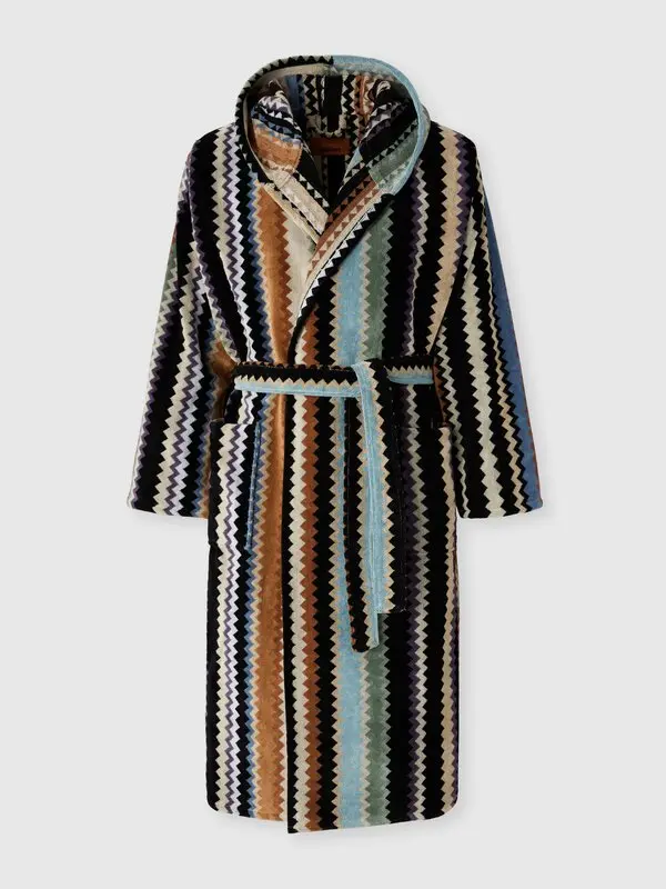 Missoni Long Curt Chevron Cotton Terry Hooded Bathrobe - Beige,multicoloured