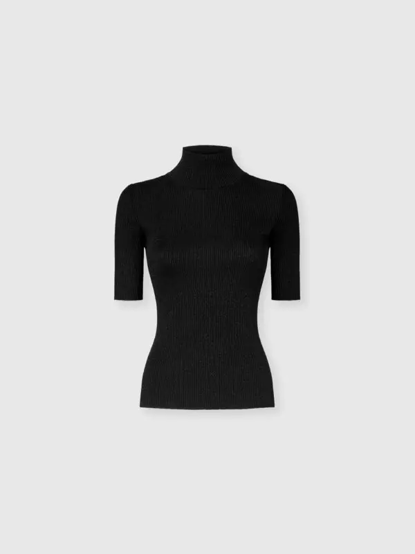 Missoni Ribbed Knit Top With High Neck And Short Sleeves - Black