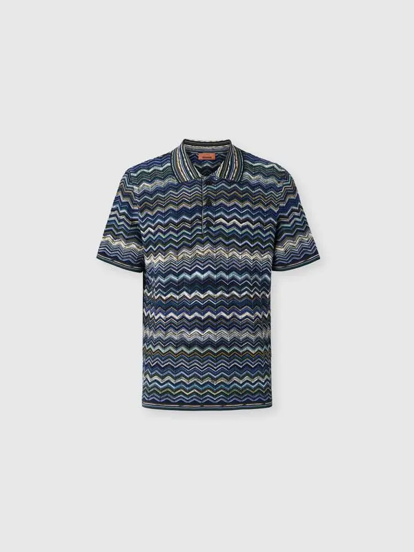 Missoni Cotton Knit Polo Shirt With Chevron Pattern - Blue