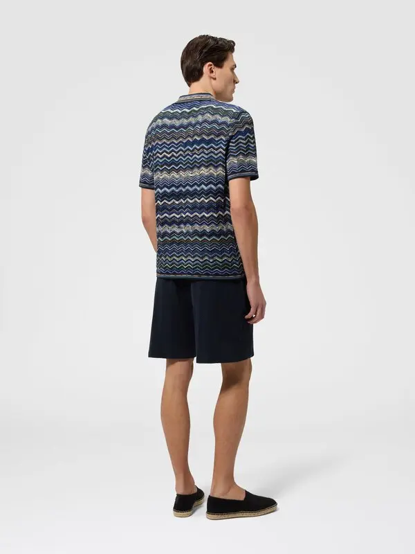 Missoni Cotton Knit Polo Shirt With Chevron Pattern - Blue