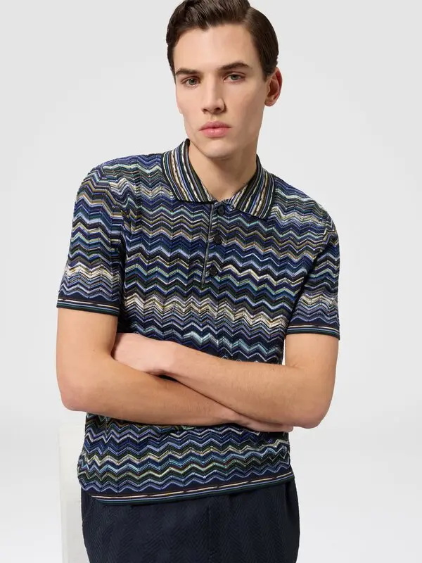 Missoni Cotton Knit Polo Shirt With Chevron Pattern - Blue