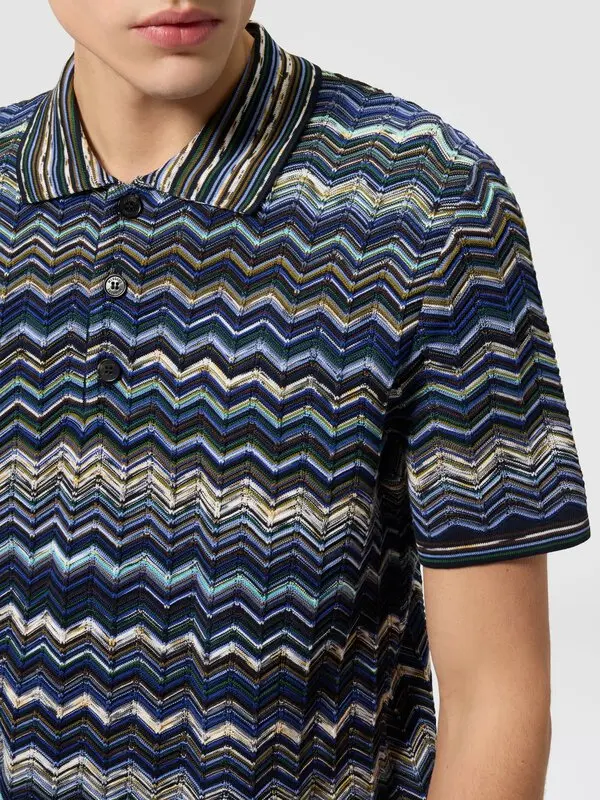 Missoni Cotton Knit Polo Shirt With Chevron Pattern - Blue