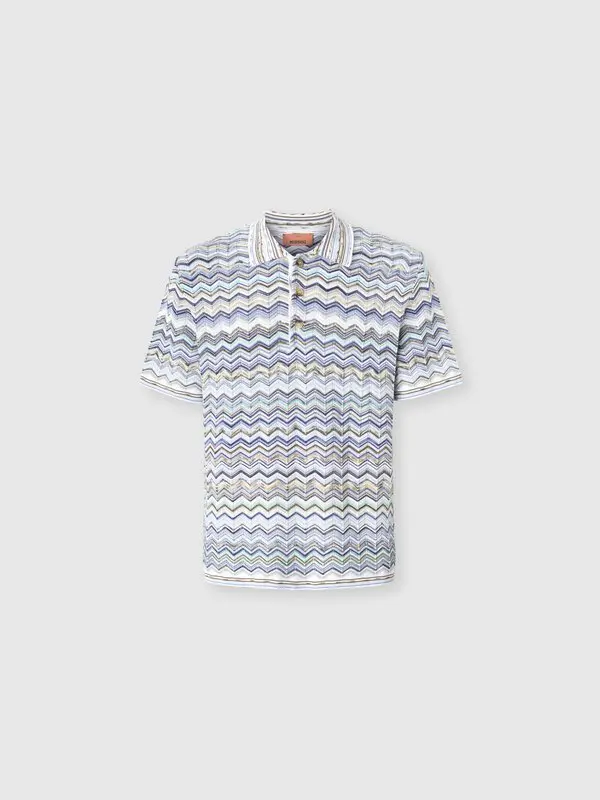 Missoni Cotton Knit Polo Shirt With Chevron Pattern - Light Blue