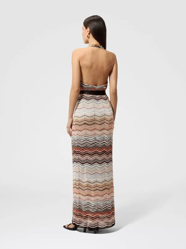 Missoni Sleeveless Chevron Lamé Maxi Dress With Sequins And Bow Detail
