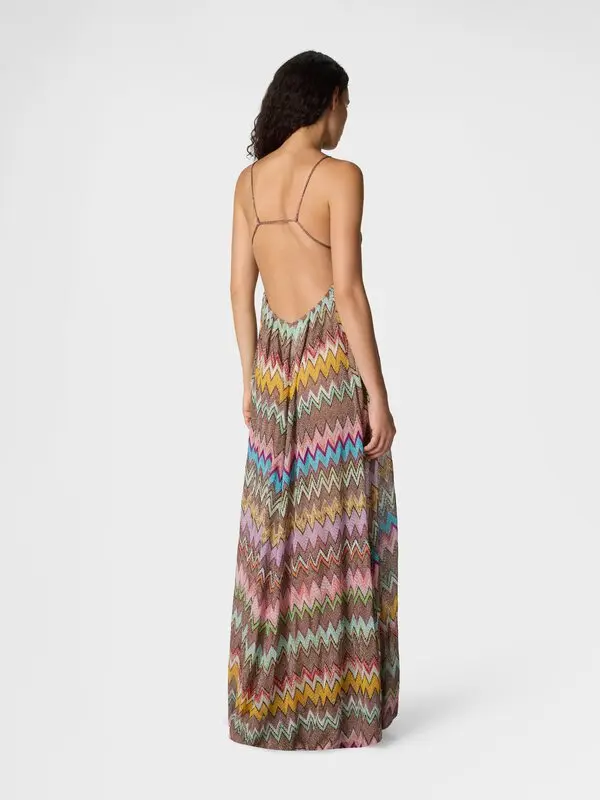 Missoni Long Beach Dress In Lamé Viscose With Macro Zigzag Pattern And Thin Straps