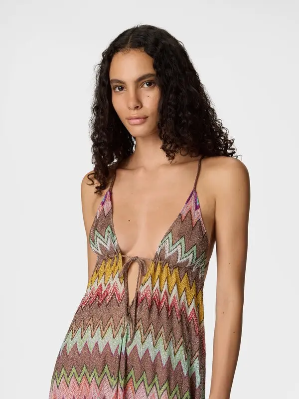 Missoni Long Beach Dress In Lamé Viscose With Macro Zigzag Pattern And Thin Straps