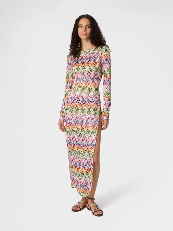 Missoni Long-sleeved Dress In Stretch Viscose With Lace And Zigzag Motif - Multicoloured