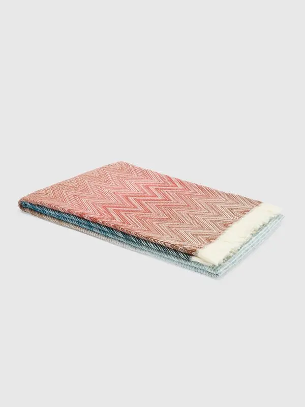 Missoni Ciro Plaid In 100% Wool 130x190 Cm With Fringes And Chevron Pattern - Blue,multicoloured