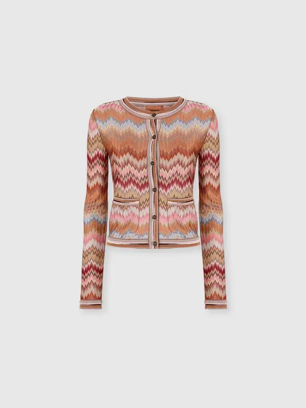 Missoni Pattern Viscose Chevron Cardigan With Patch Pockets - Pink,rust