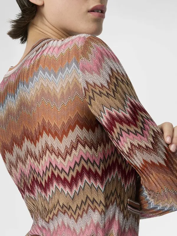 Missoni Pattern Viscose Chevron Cardigan With Patch Pockets - Pink,rust
