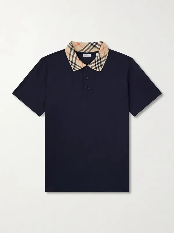 Burberry Checked Cotton-piqué Polo Shirt - Blue