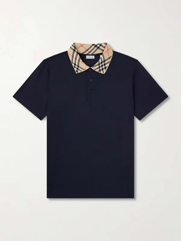 Burberry Checked Cotton-piqué Polo Shirt - Navy