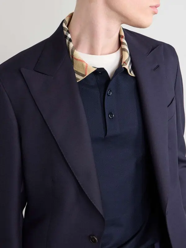 Burberry Checked Cotton-piqué Polo Shirt - Navy