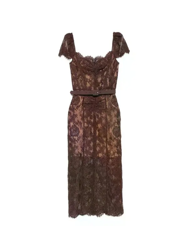 SELF-PORTRAIT Lace-overlay Cap-sleeve Midi Dress - Brown