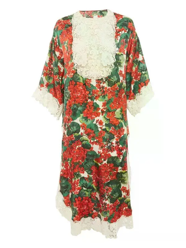 Dolce & Gabbana Geranium Print Lace Midi Dress - Red