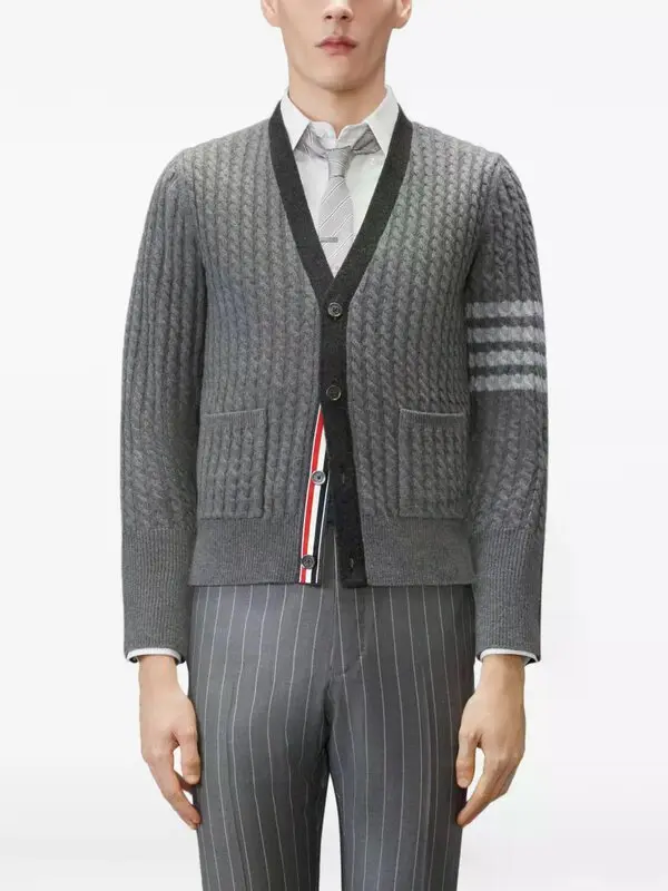 Thom Browne Wool Cable-knit V-neck Cardigan With Signature Stripes
