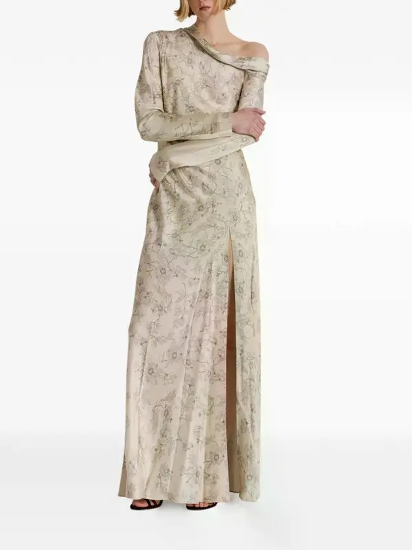 Alberta Ferretti Floral-print Off-shoulder Dress - Neutrals