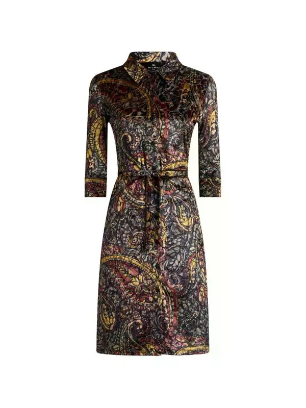 Etro Mini Shirt Dress In Burnout Chenille With Floral Paisley Overprint - Black