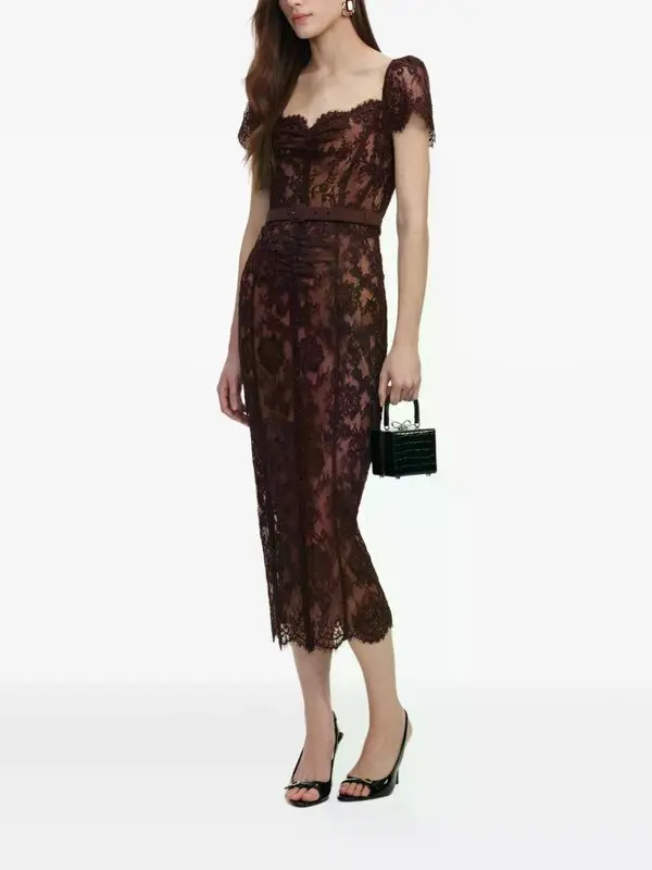 SELF-PORTRAIT Belted Floral-lace Midi Dress - Brown