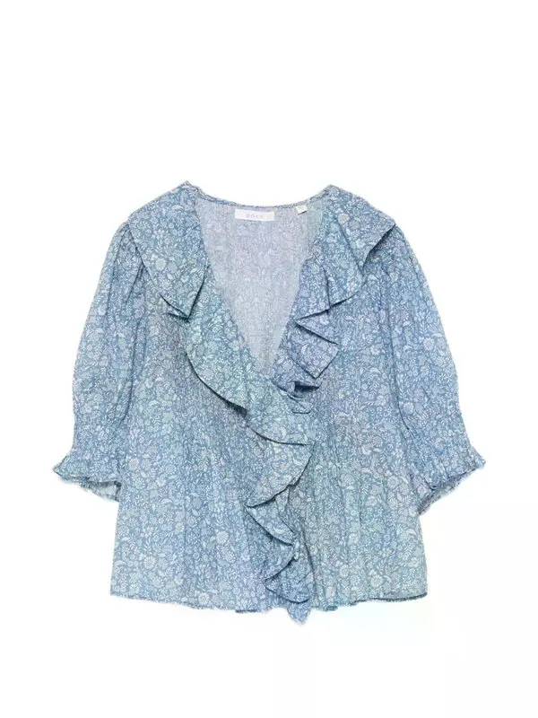 DÔEN Henri Ruffled Floral-print Cotton Blouse - Blue