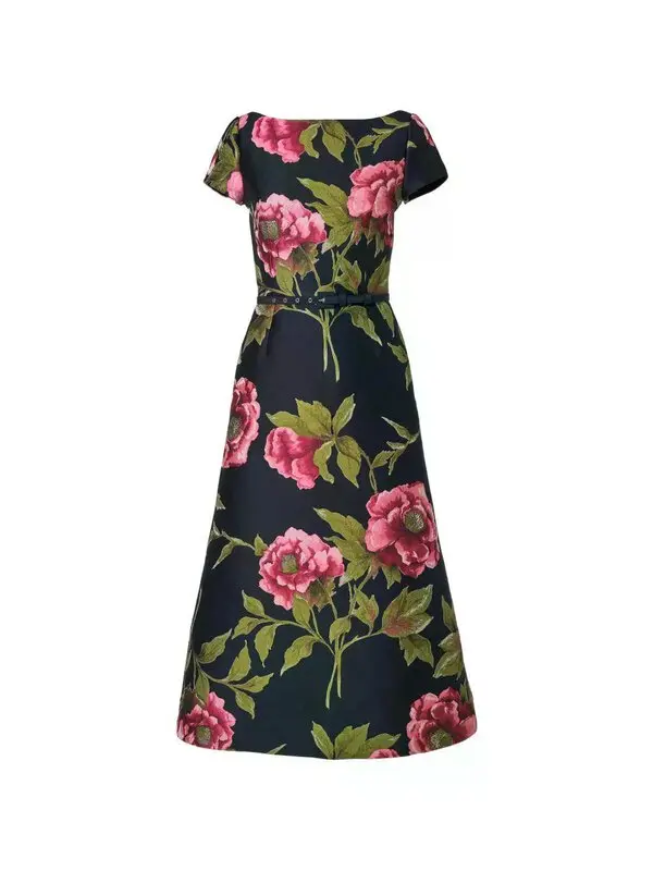 Carolina Herrera Floral Print Belted Midi Dress - Blue