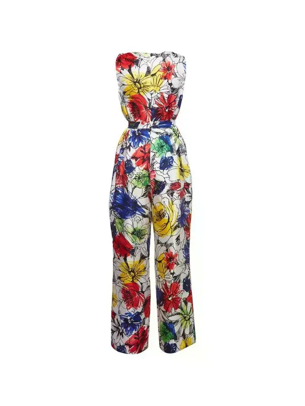 Moschino Floral Print V-neck Sleeveless Belted Jumpsuit - White