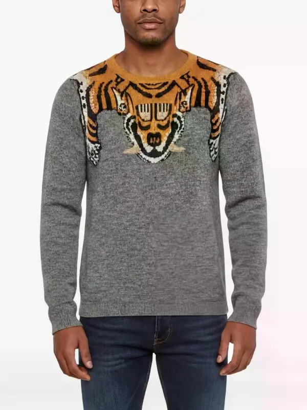 Gucci Tiger Print Crew Neck Sweater - Grey