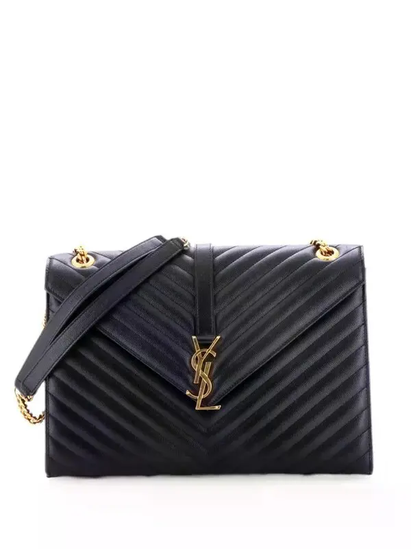 Saint Laurent Classic Monogram Envelope Satchel Matelasse Chevron Leather Large Shoulder Bag - Black