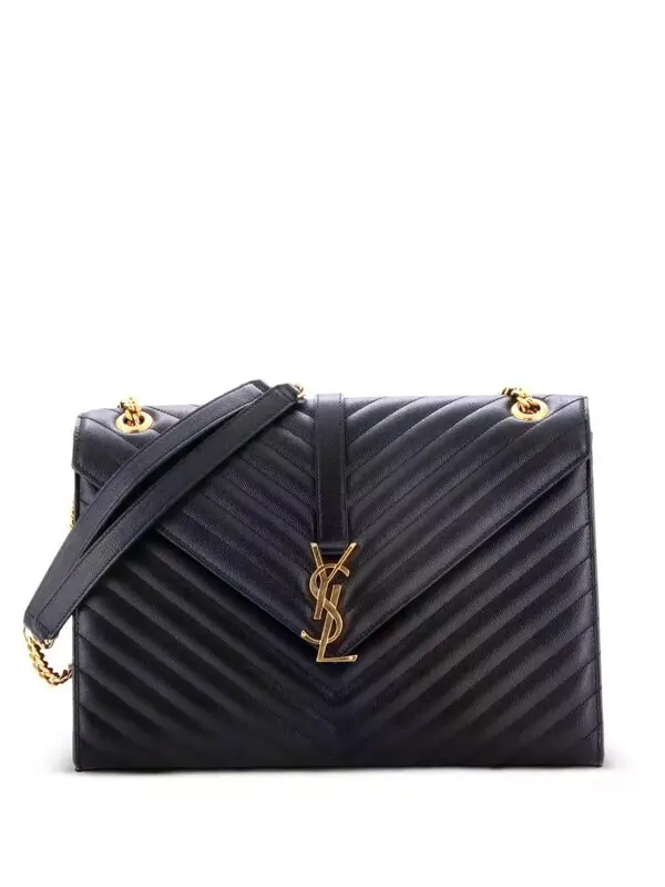 Saint Laurent Classic Monogram Envelope Satchel Matelasse Chevron Leather Shoulder Bag - Black