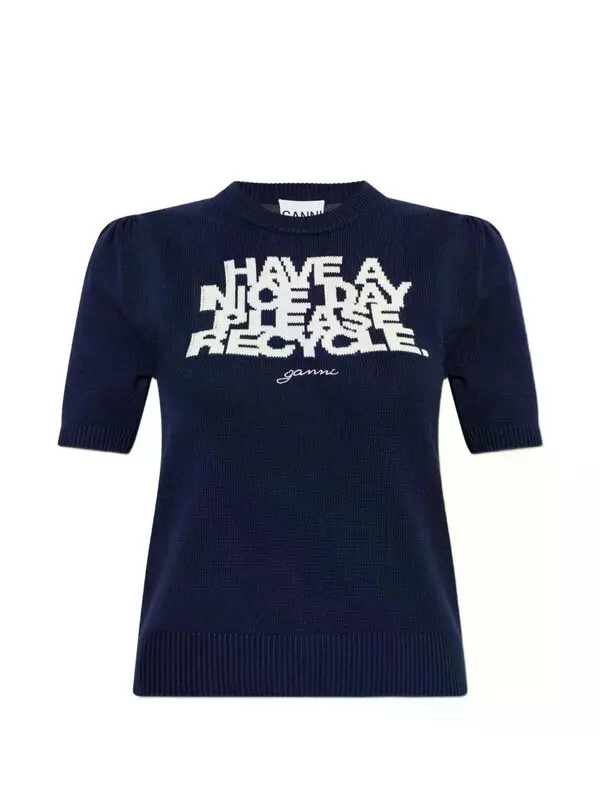 GANNI Slogan Print Puff Sleeve T-shirt