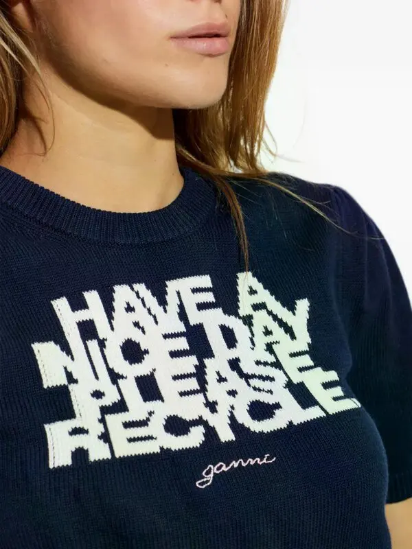 GANNI Slogan Print Puff Sleeve T-shirt