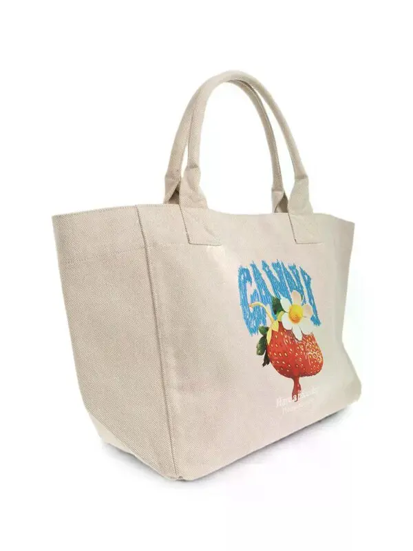 GANNI Strawberry Print Logo Embroidered Tote Bag