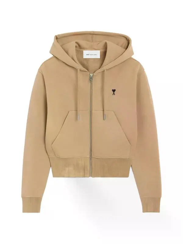 AMI Paris Zipped Cotton Hoodie With De Coeur Embroidery