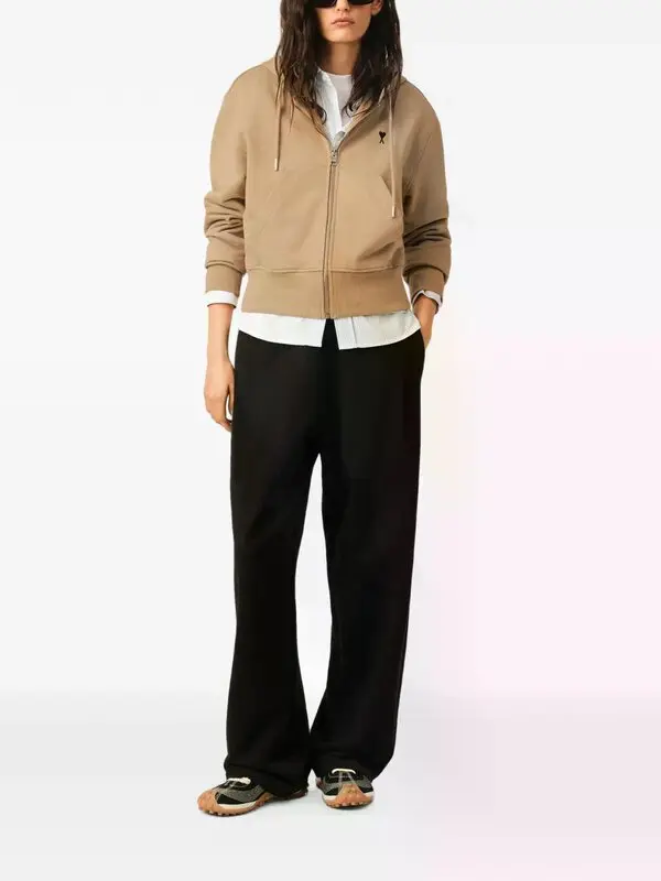 AMI Paris Zipped Cotton Hoodie With De Coeur Embroidery