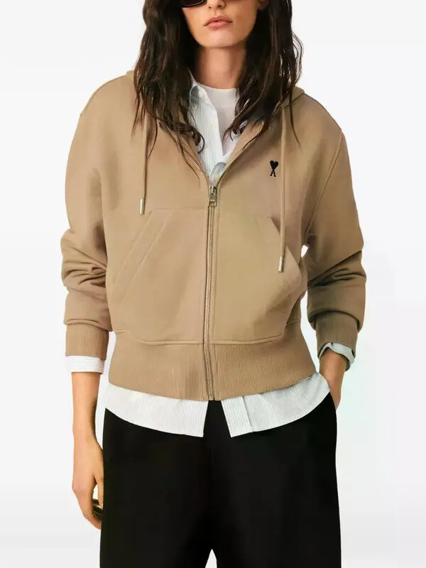 AMI Paris Zipped Cotton Hoodie With De Coeur Embroidery