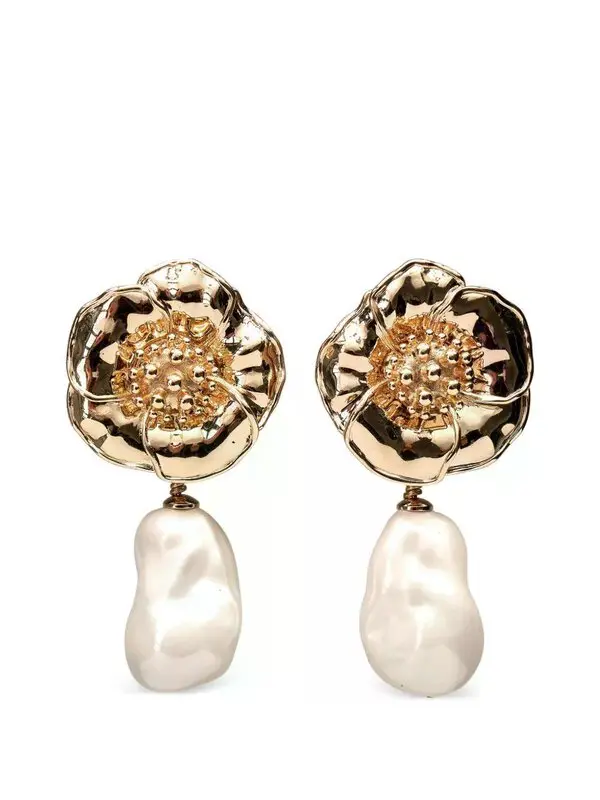 Carolina Herrera Tone Flower Motif Clip-on Earrings With Pearl Drops - Gold