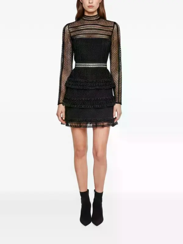 SELF-PORTRAIT Tiered Mini Dress With Sheer Panels - Black