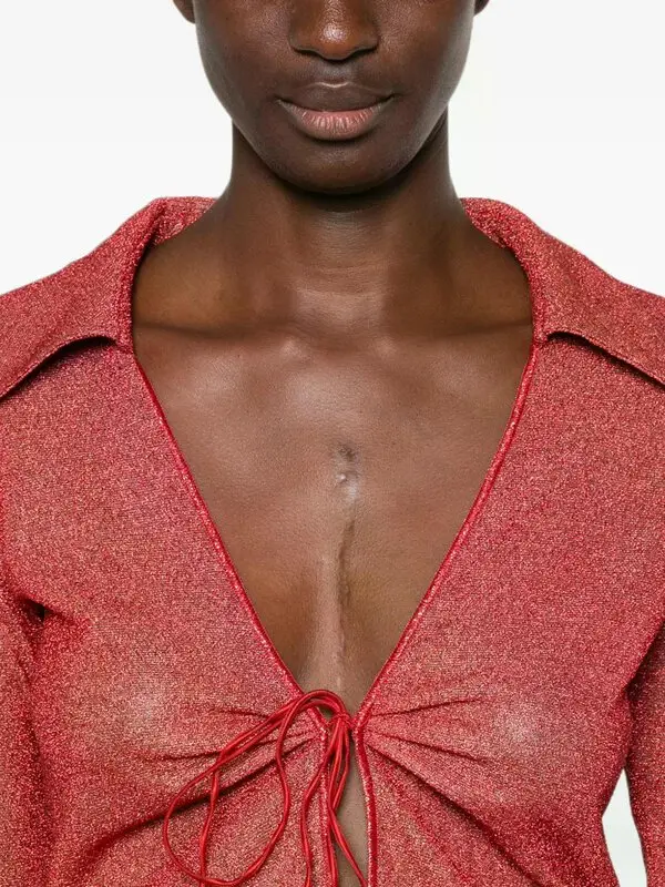 Oseree Feather-trimmed Metallic-thread Top - Red