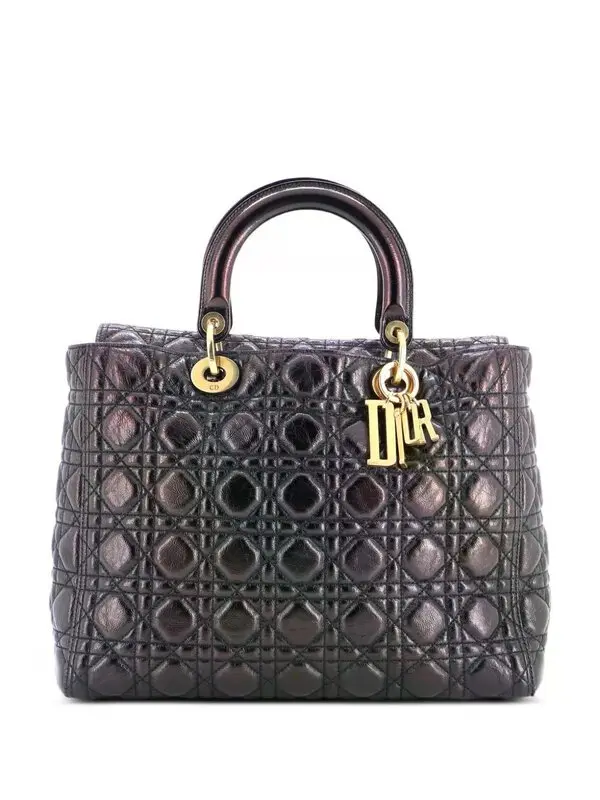 Dior Lady Cannage Crinkled Patent Large Satchel - Black
