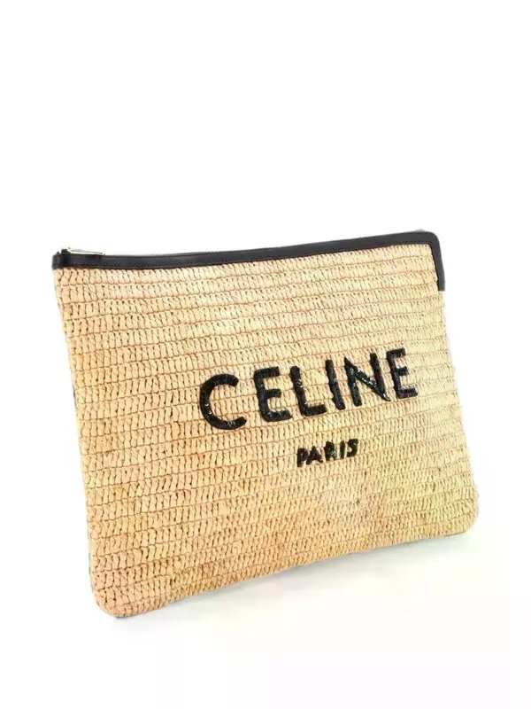 Celine Logo Zip Raffia With Sequins Large Pouch - Neutrals