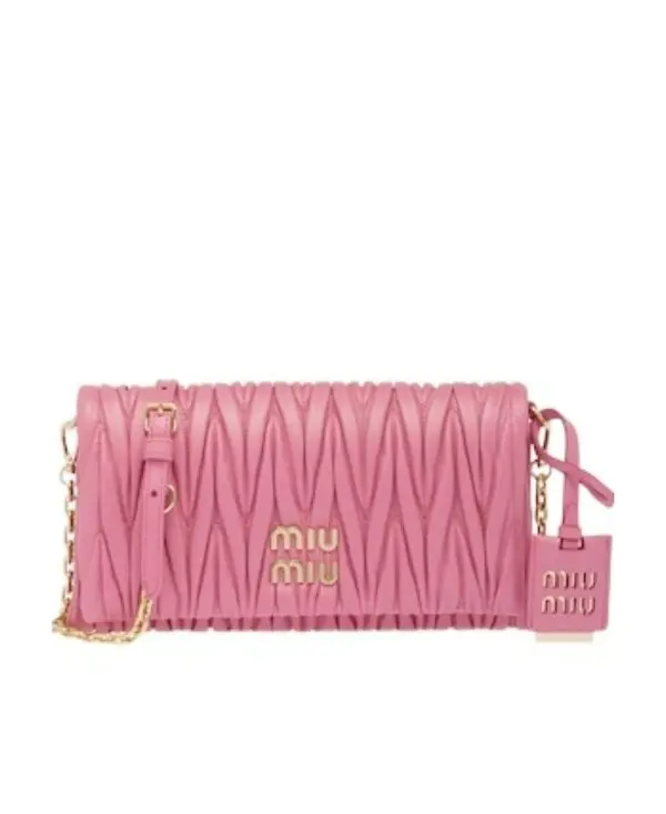 Miu Miu Matelassé Logo Detailed Foldover Shoulder Bag - Pink