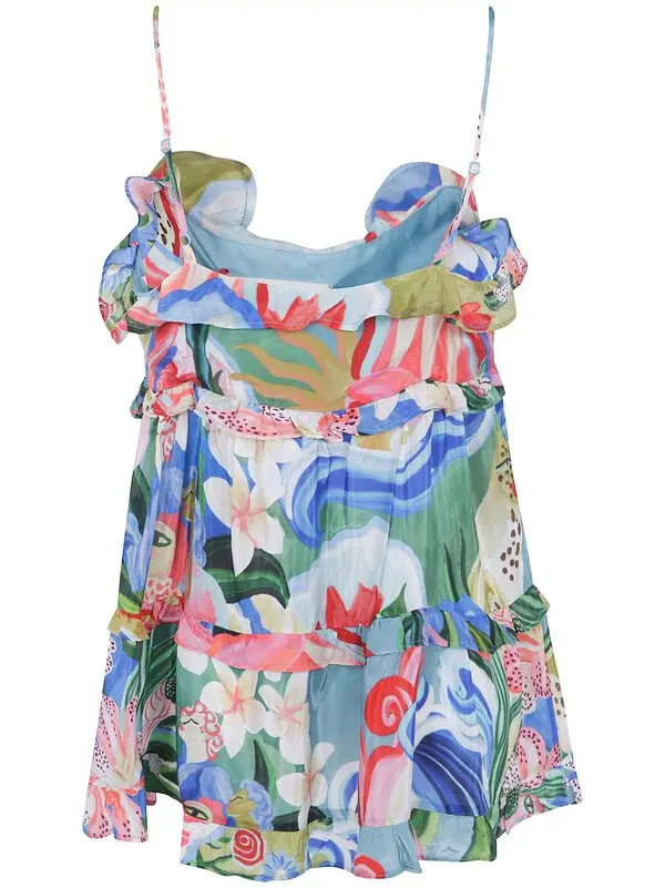 Farm Rio Ruffled Floral Print Top With Heart Neckline And Front Tie Detail