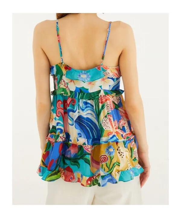 Farm Rio Ruffled Floral Print Top With Heart Neckline And Front Tie Detail