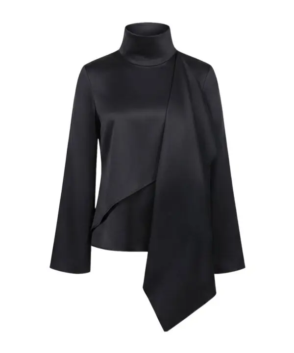 RÓHE Long Sleeve High Collar Top With Asymmetrical Front Detail - Black