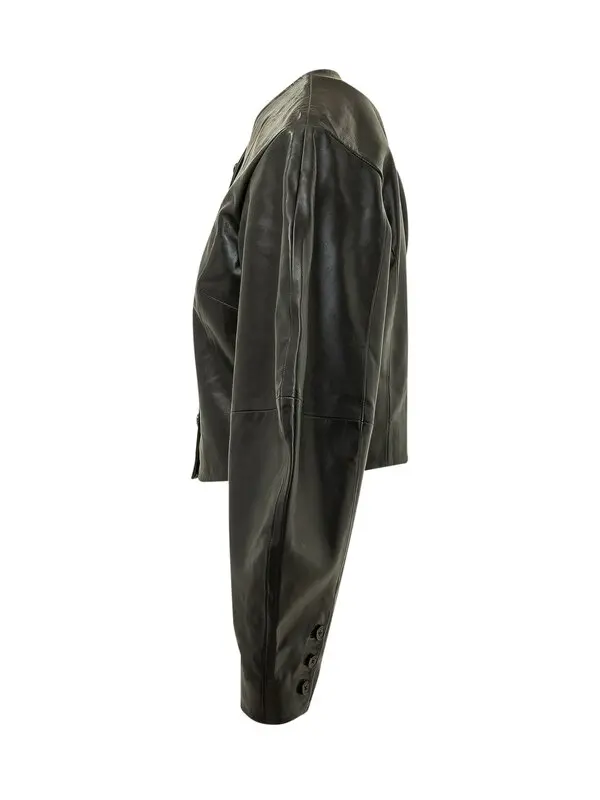ROTATE BY BIRGER CHRISTENSEN Cropped Fitted Leather Jacket With Puff Sleeves - Black