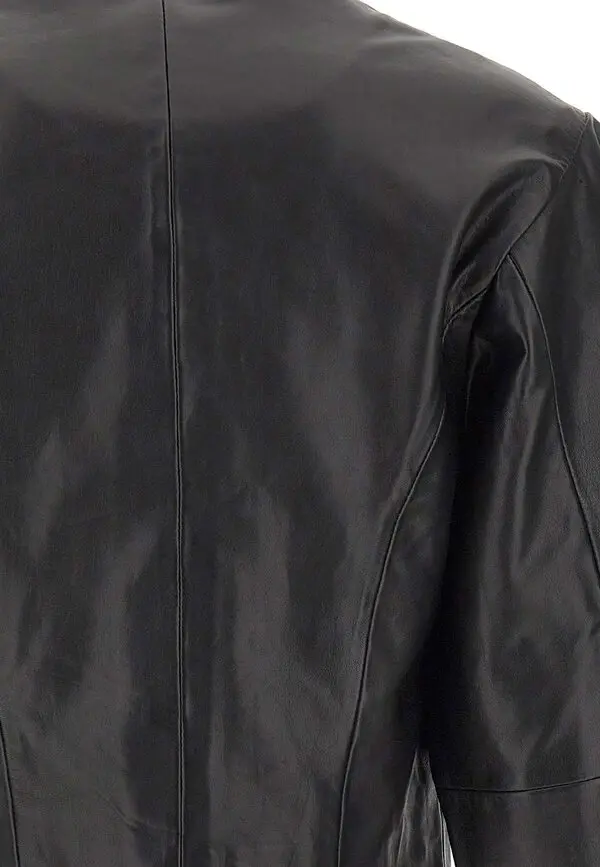 ROTATE BY BIRGER CHRISTENSEN Cropped Fitted Leather Jacket With Puff Sleeves - Black