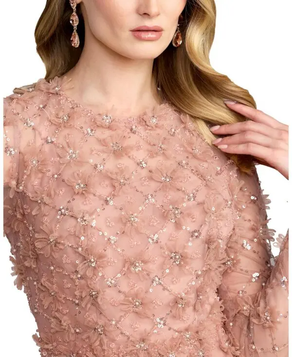 Mac Duggal High Neck Long Sleeve Embellished A-line Gown